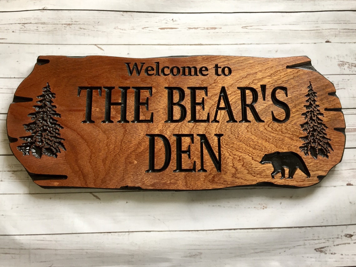 Personalized Outdoor Rustic Sign with a Bear and Pine Trees ...