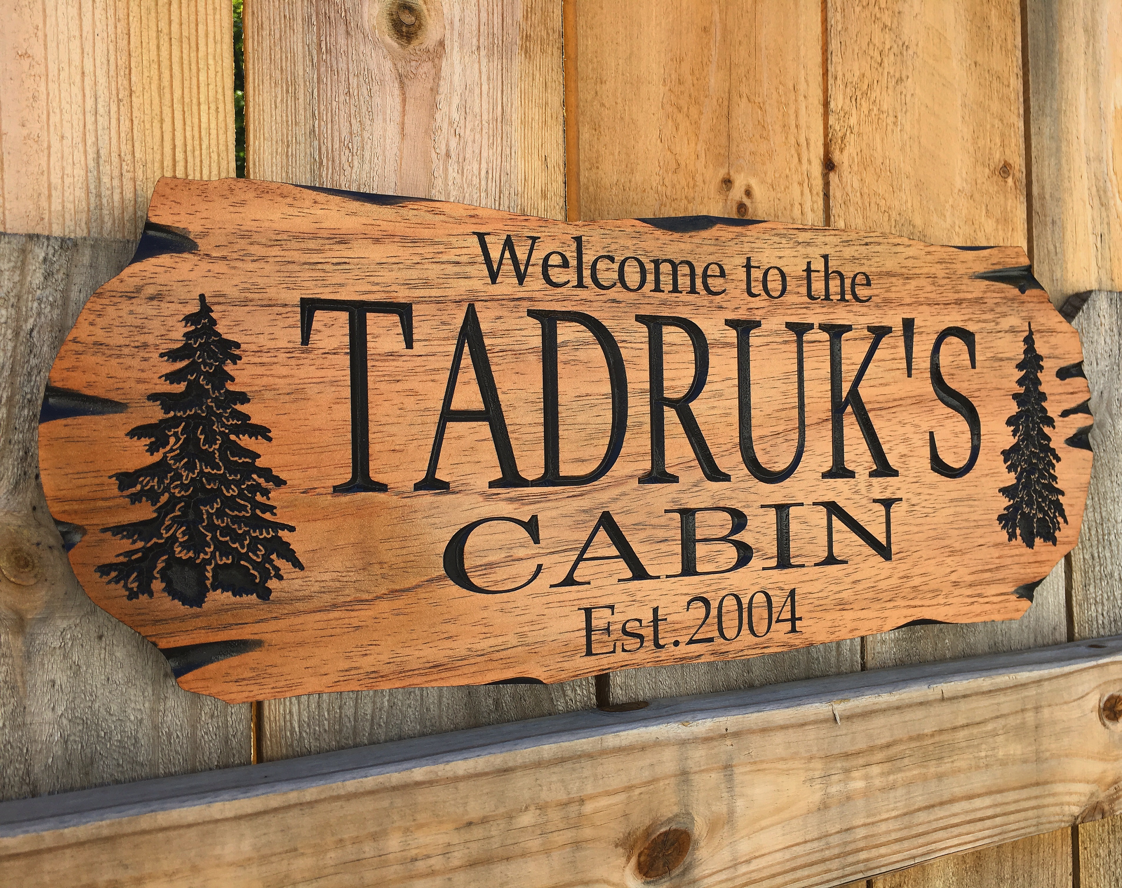 Personalized Cabin Sign Rustic Edge With Pine Trees Benchmarksignsandgifts