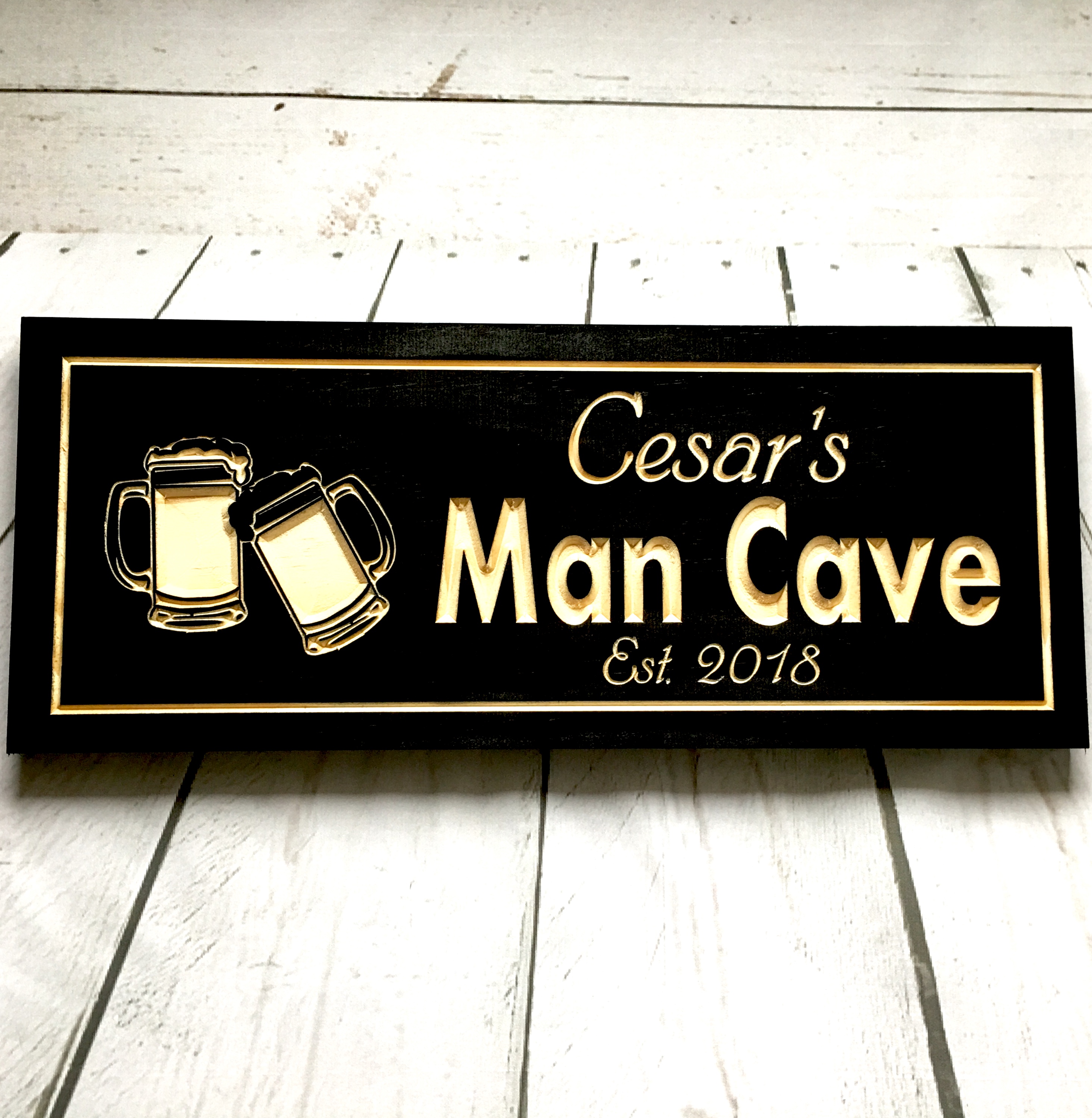 Custom Man Cave Bar Sign with Beer Mugs: benchmarksignsandgifts.com