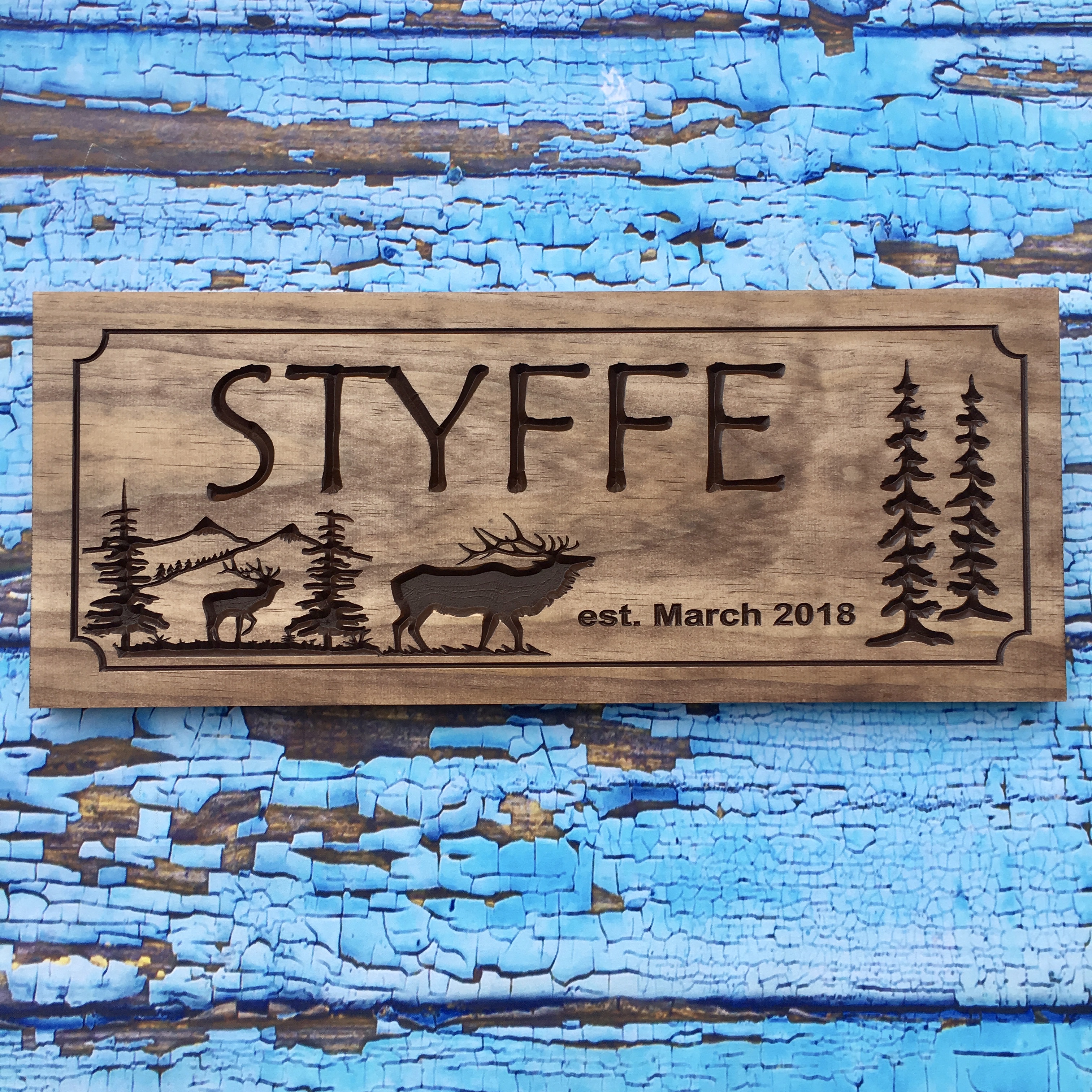 Personalized Wooden Sign Elk with Pine Tree: benchmarksignsandgifts.com